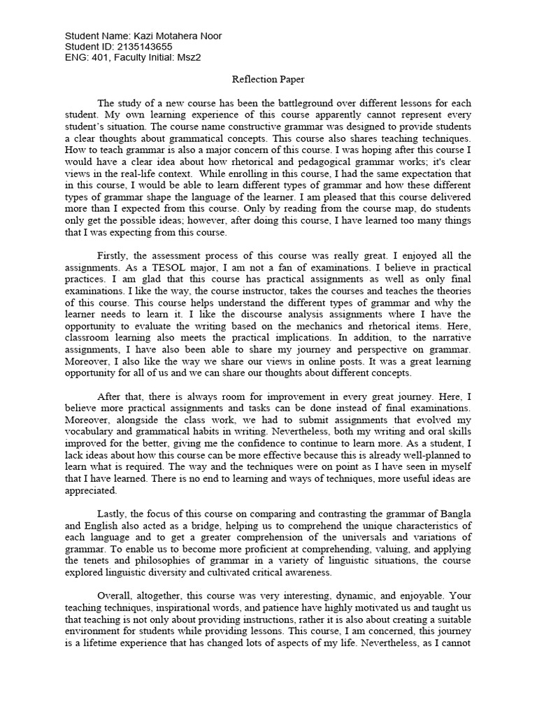 Reflection Paper Kazi Motahera Noor ENG 401 | PDF | Learning | Linguistics
