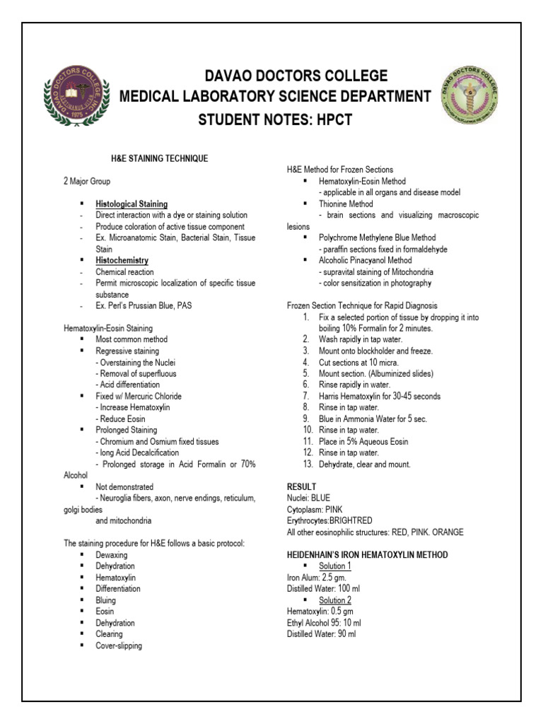 HPCT 12 H&E Staining Technique | PDF | Staining | Cell Biology