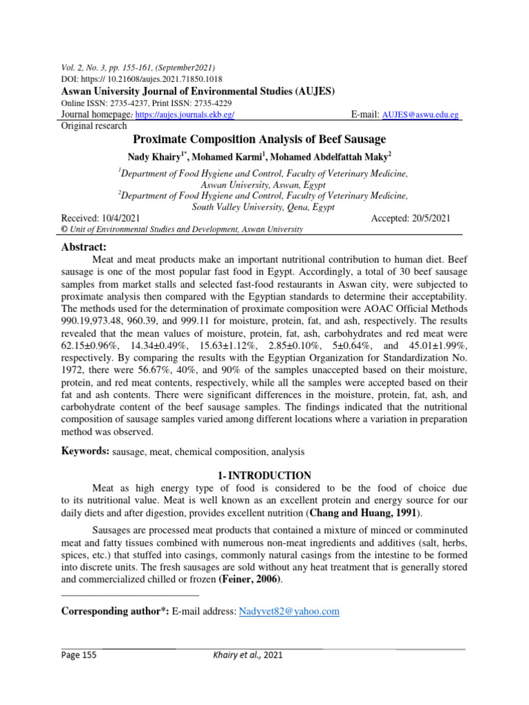 Proximate Composition Analysis of Beef Sausage | PDF | Meat | Sausage