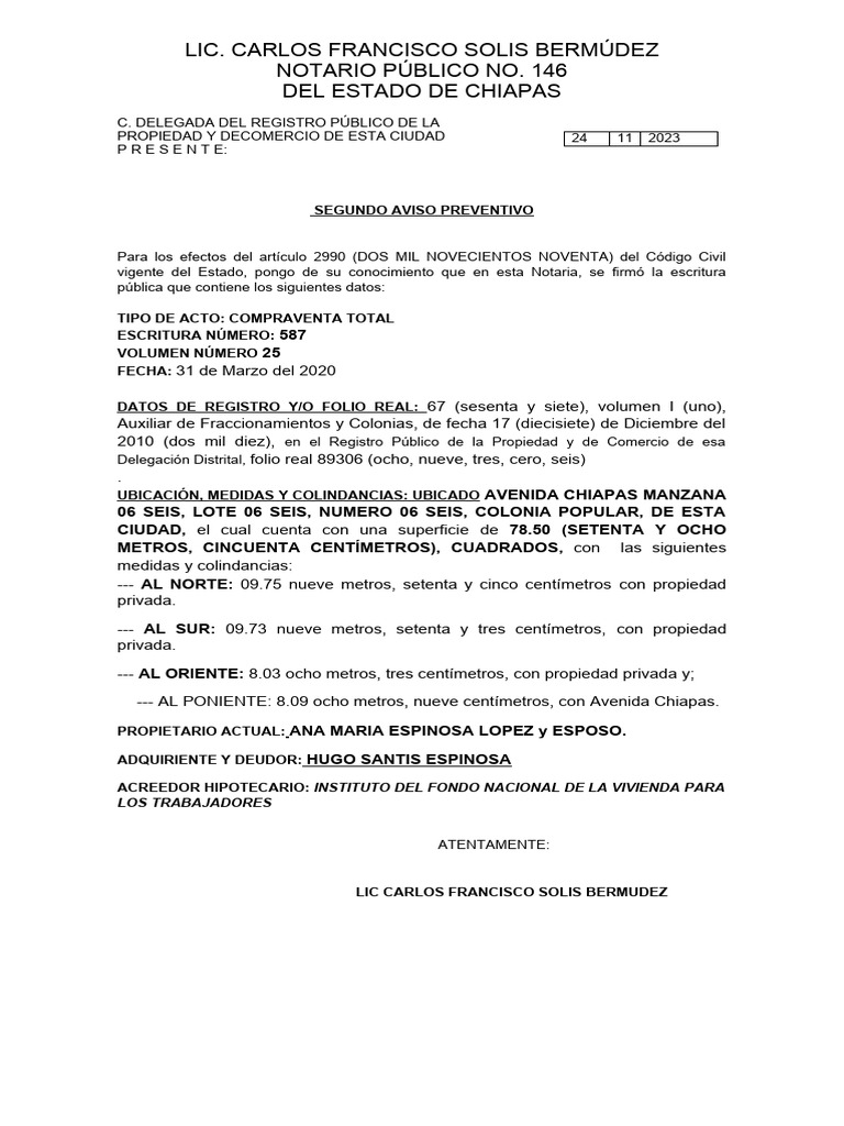 Segundo Aviso Preventivo Hugo Santis Espinosa | PDF
