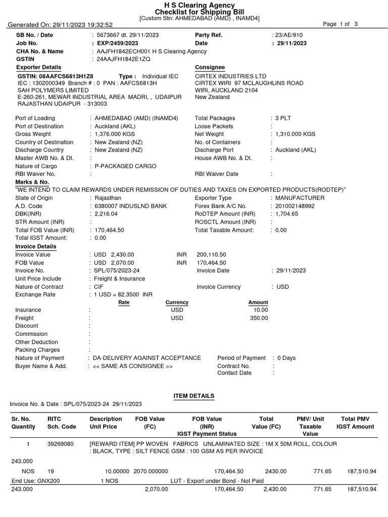 Export Invoice for Cirtex Wiri Shipment | PDF | Invoice | International ...