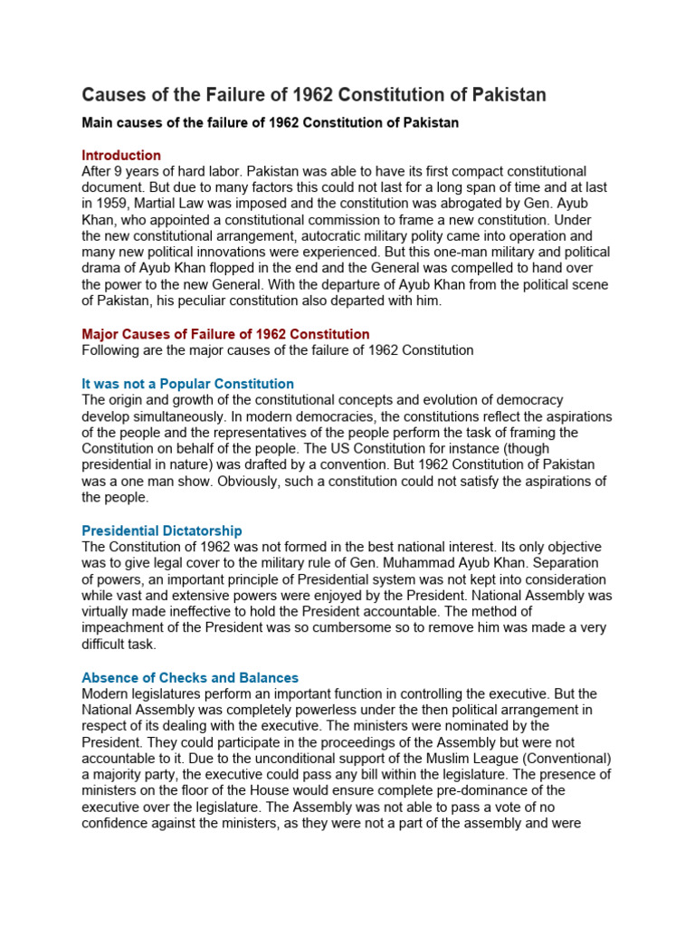 Causes of The Failure of Constitution of Pakistan 1962 | PDF | American ...