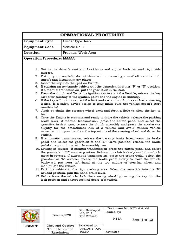 Operational Procedure | PDF | Manual Transmission | Clutch