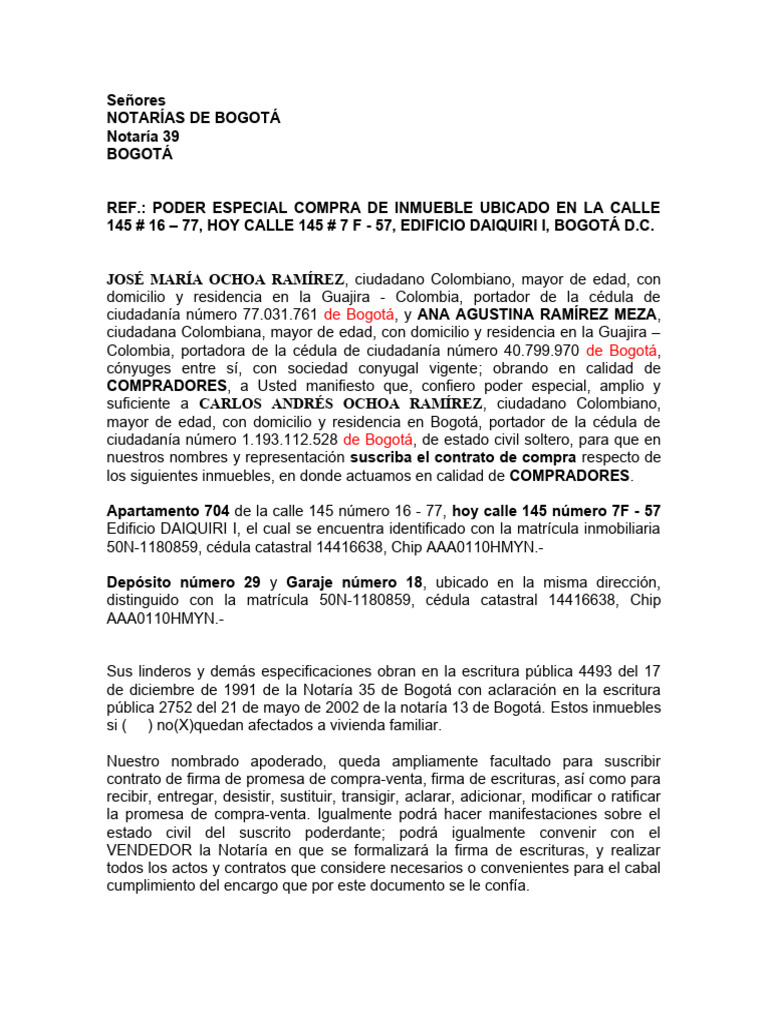 Poder Especial para Compra de Inmueble | PDF | Bogotá