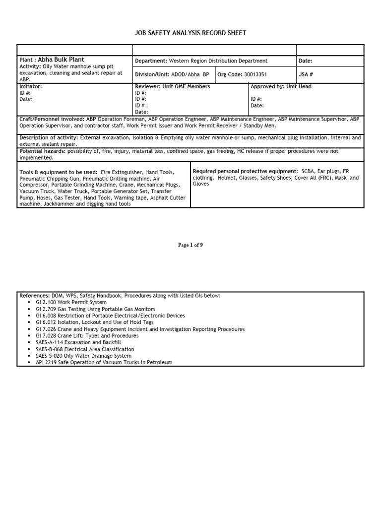 JSA9 - ABP OWS Manhole Sealant Project | PDF | Housekeeping | Vacuum