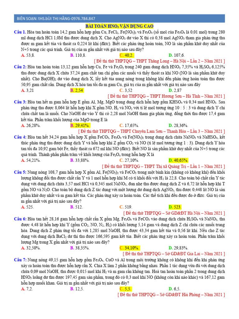 BÀI TOÁN HNO3 VẬN DỤNG CAO - hs | PDF