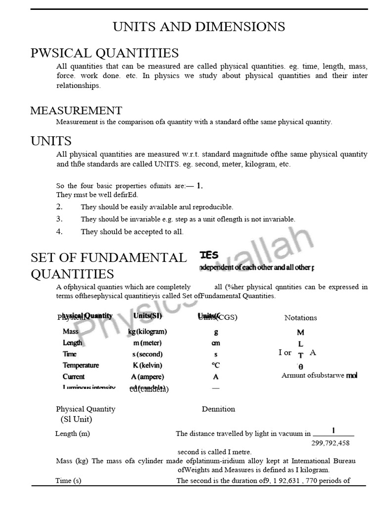 Units and Dimensions: Pwsical Quantities | PDF | Kilogram | Science