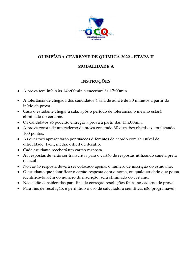 167053217663924c503b960 - Prova Da Etapa 2 Ocq 2022 Mod A Versao Final 2 | PDF | Óxido | Tabela ...