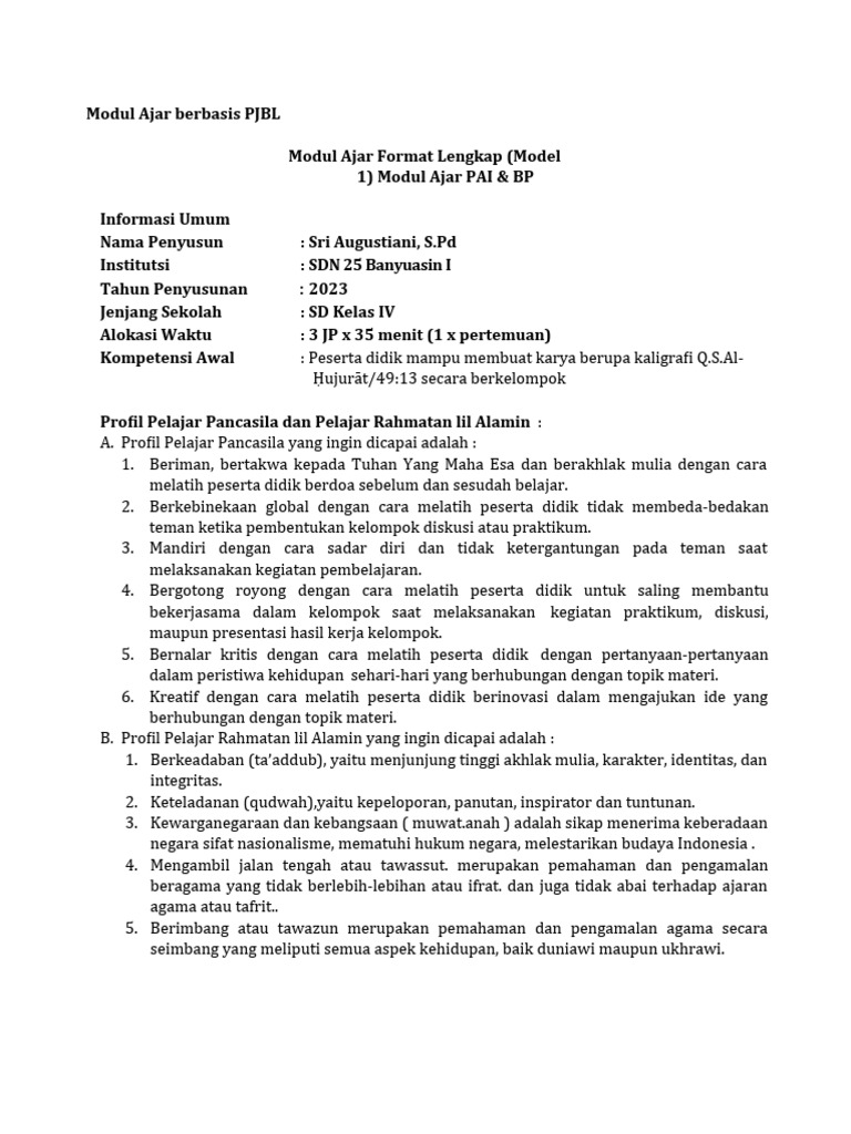 Modul Ajar PJBL Kelas IV PAI | PDF | Karier & Perkembangan