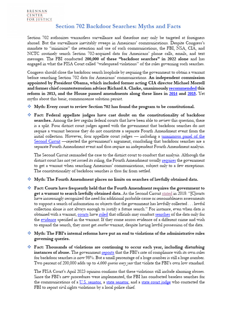 Myths and Facts - Backdoor Searches (BCJ) | PDF | Foreign Intelligence Surveillance Act | Fourth ...
