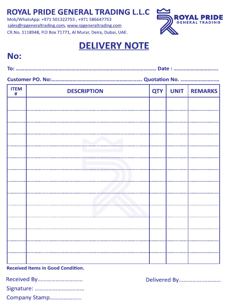 Royal Pride General Trading Llc. Delivery Note For P | PDF