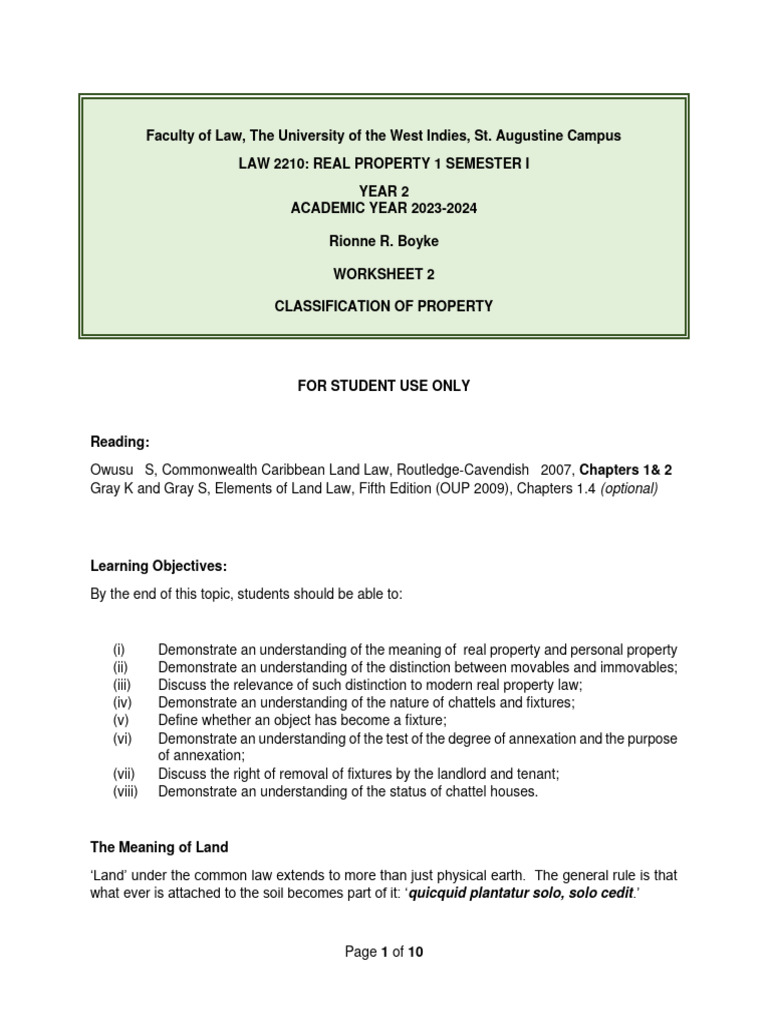 LAW 2210 Real Property I Worksheet 2 Classification of Property 2023 ...
