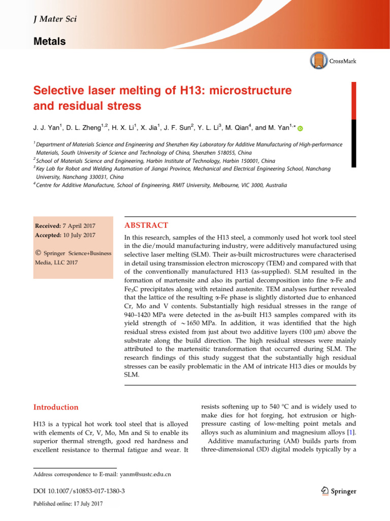 2017 Selective Laser Melting Of H13 Microstructure Pdf Transmission Electron Microscopy