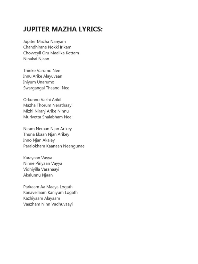 Jupiter Mazha Lyrics | PDF