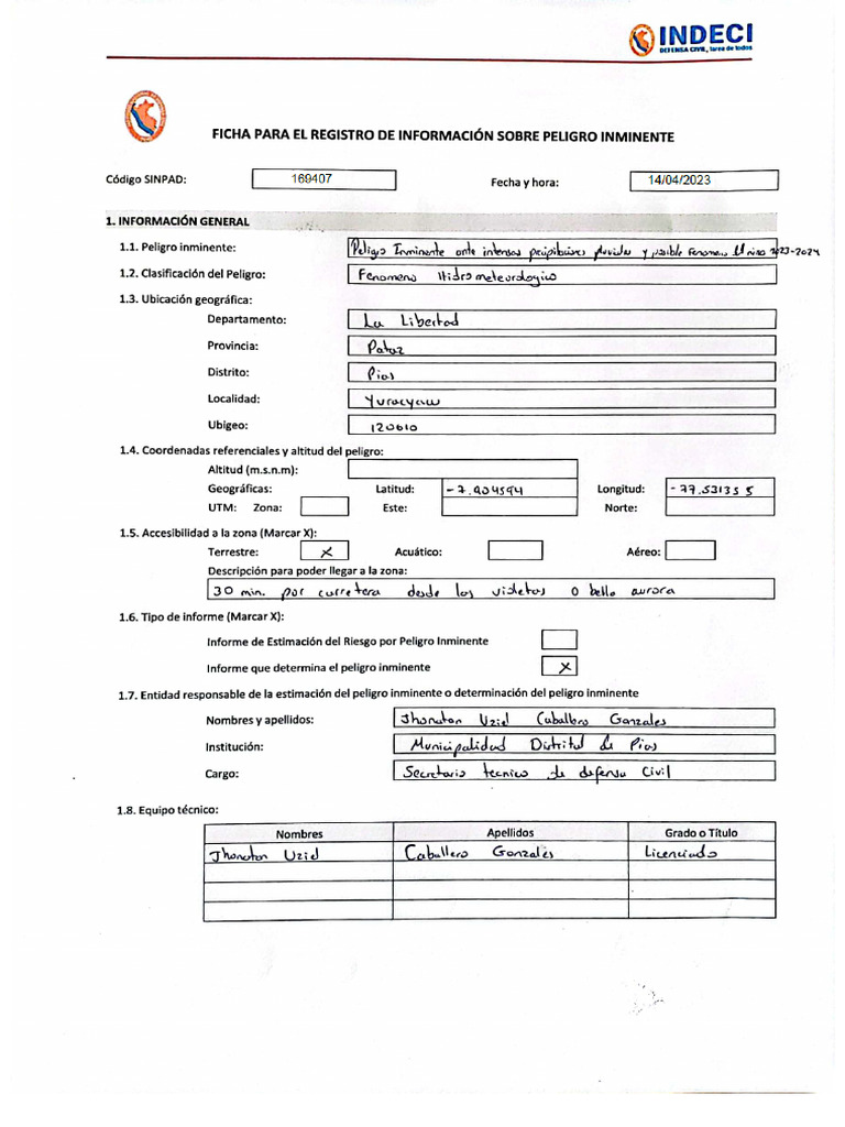 Ficha de Peligro Inminente Okk | PDF