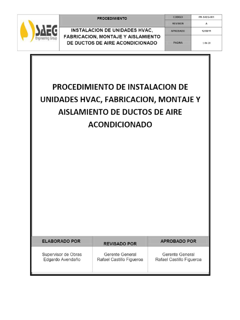 PROCEDIMIENTO DE INSTALACION DE UNIDADES HVAC, FABRICACION, MONTAJE Y AISLAMIENTO DE DUCTOS DE ...