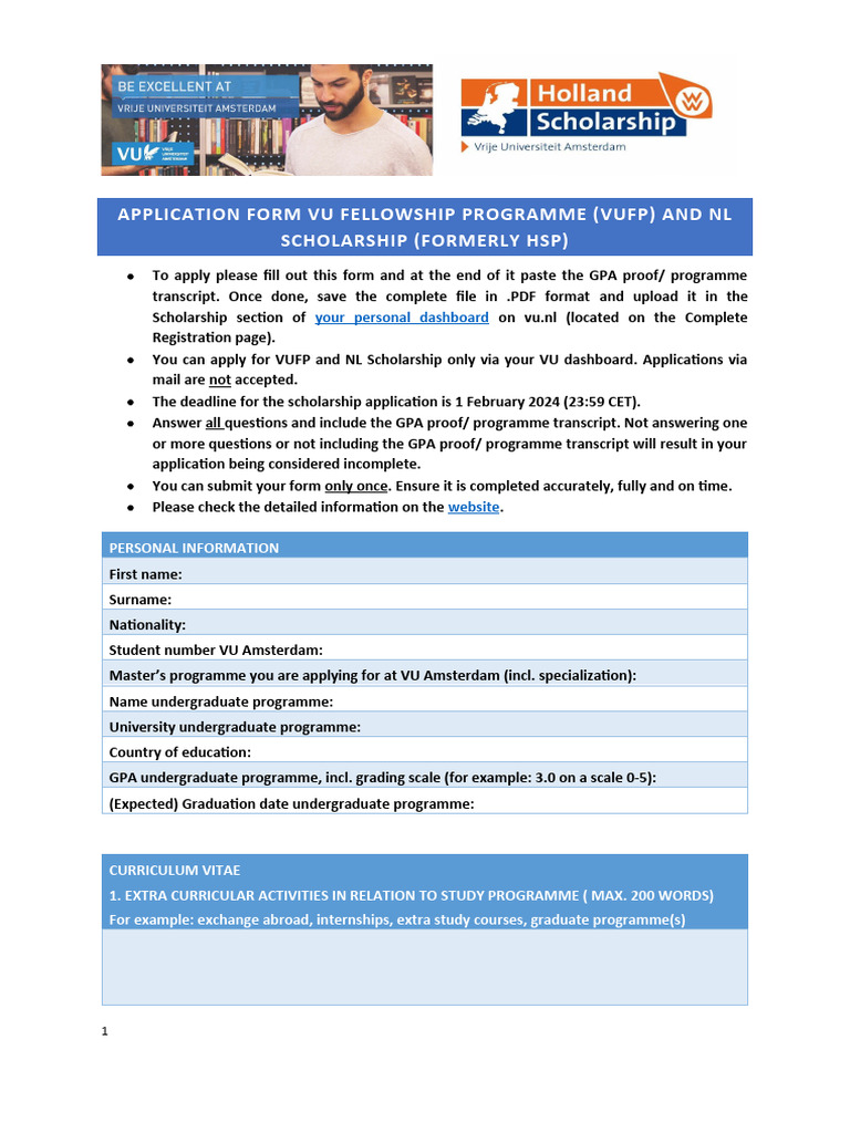 VUFP and NL Scholarship Application Form 2024 | PDF | Master's Degree ...
