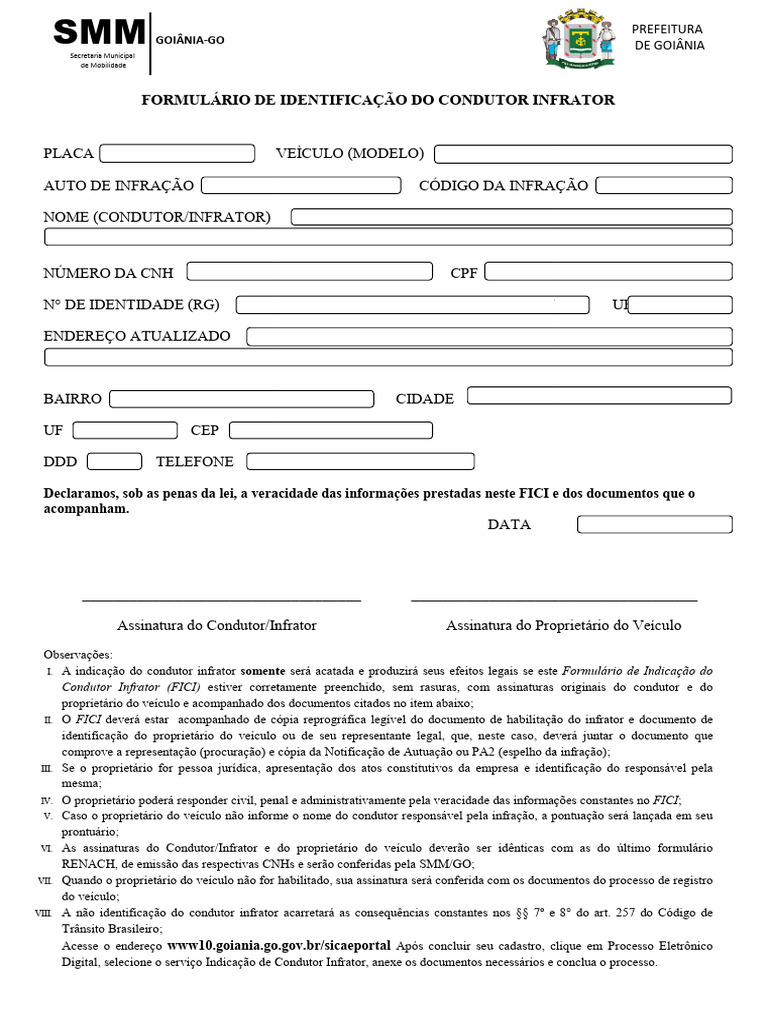 Formulário de Identificação do Condutor Infrator | PDF | Justiça ...