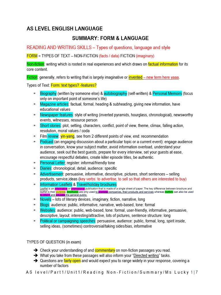 Summary of Form and Language | PDF | Verb | Non Fiction