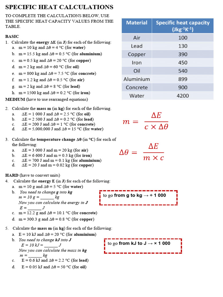 Specific-Heat-Capacity-Worksheet Slop | PDF | Heat | Metrology