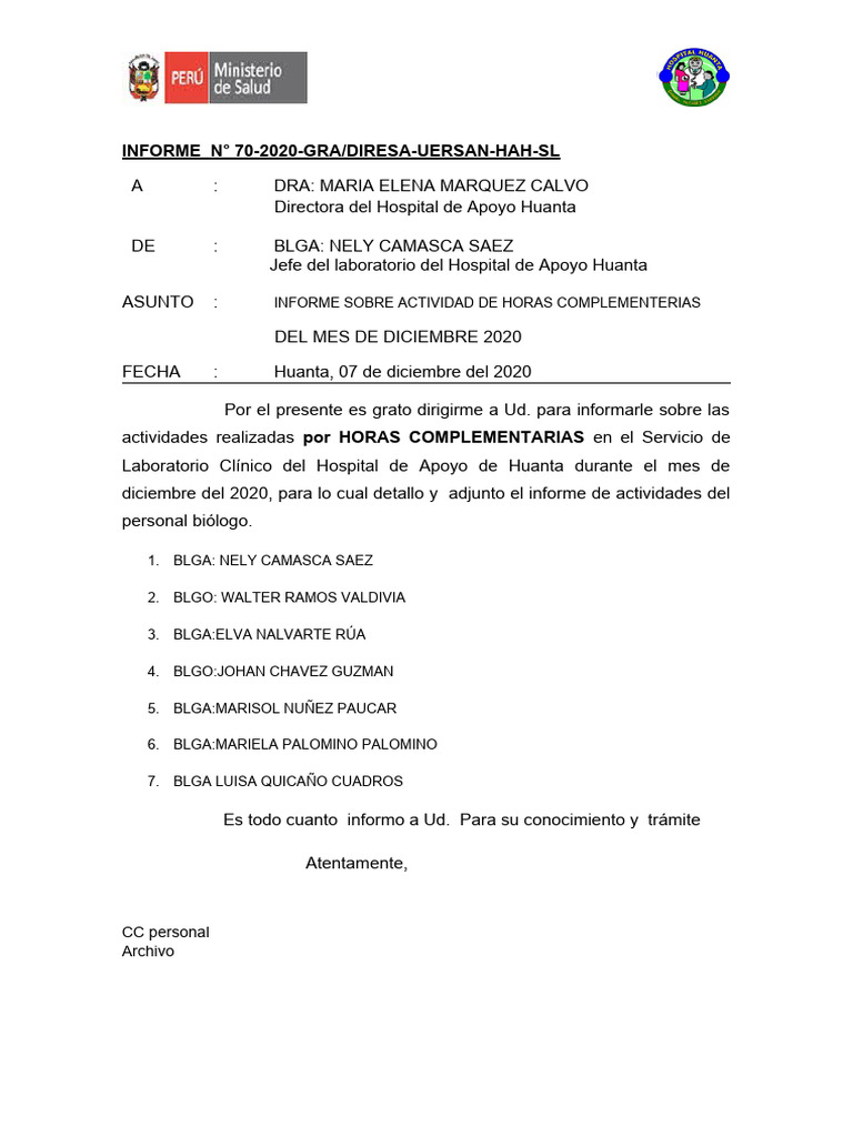 Informe de Horas Complementarias | PDF | Laboratorios | Hospital