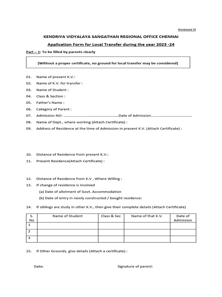 KV Local Transfer Application 2023-24 | PDF