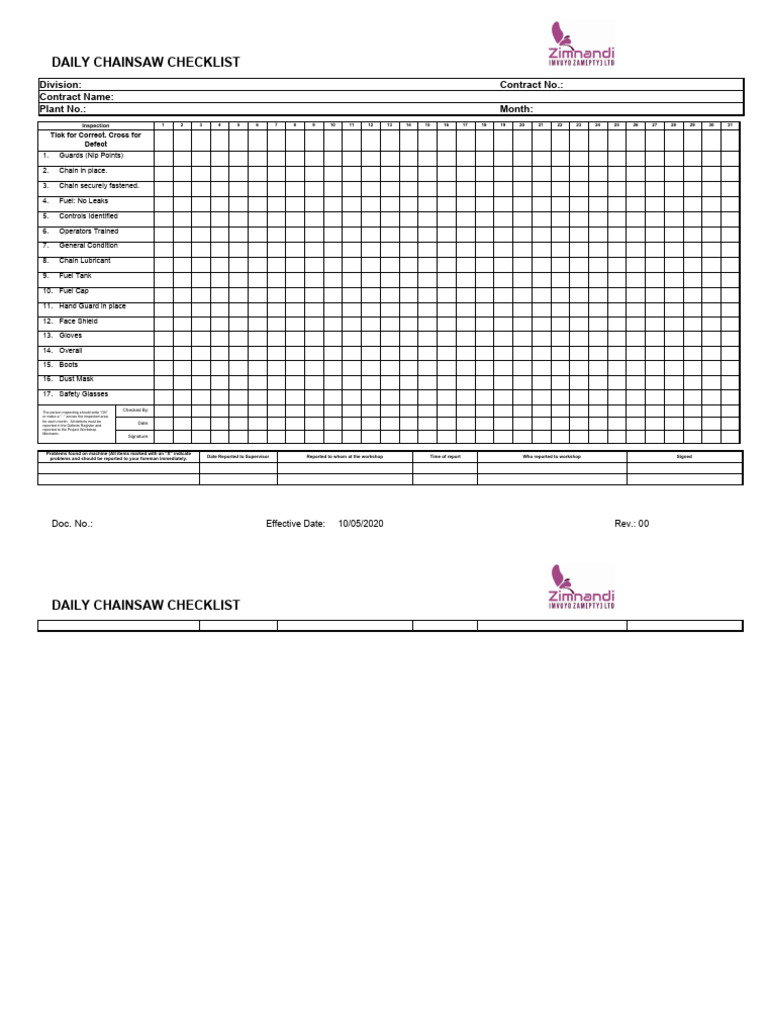 Daily Chainsaw Safety Checklist | PDF