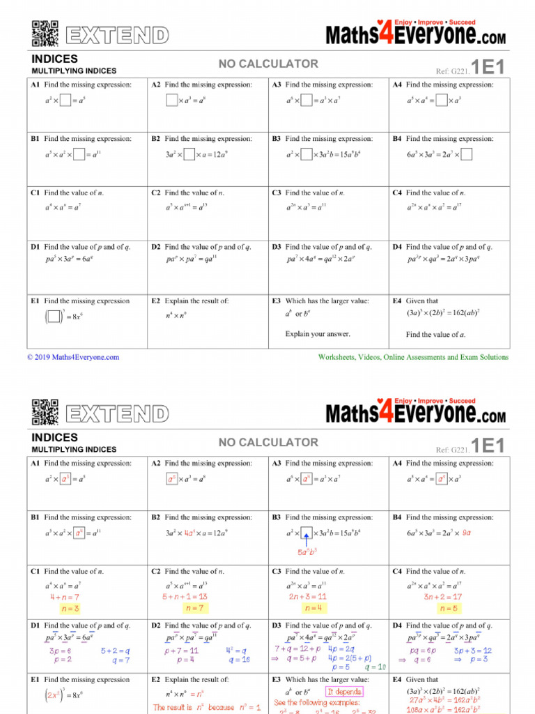 Indices Multiplying Questions | PDF