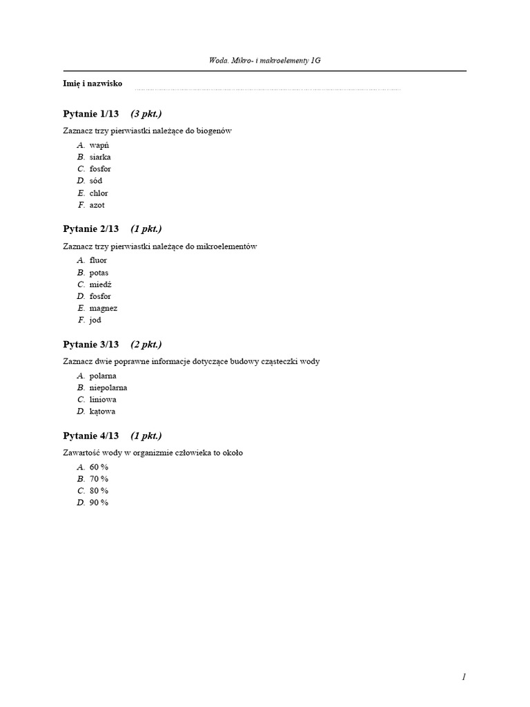 Woda. Mikro - I Makroelementy 1G - Pytania | PDF