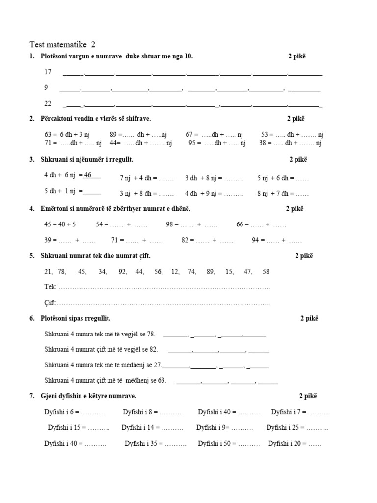 Test Matematike Klasa 2.periudha 1 | PDF