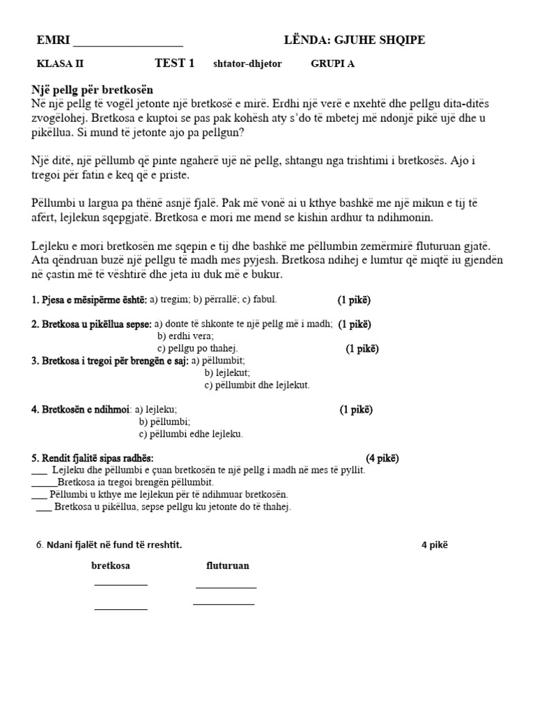 TEST GJUHE Shtator-Dhjetor, Klasa 2.klodi | PDF