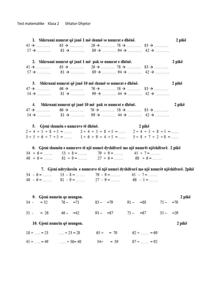 Test Matematike Klasa 2 P.1 | PDF