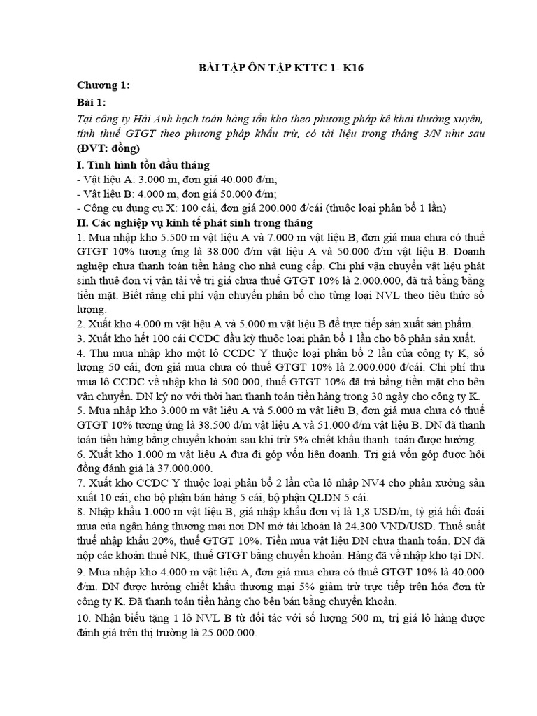 Bài Tập Tổng Hợp Ôn Tập Kttc 1 - k16 | PDF