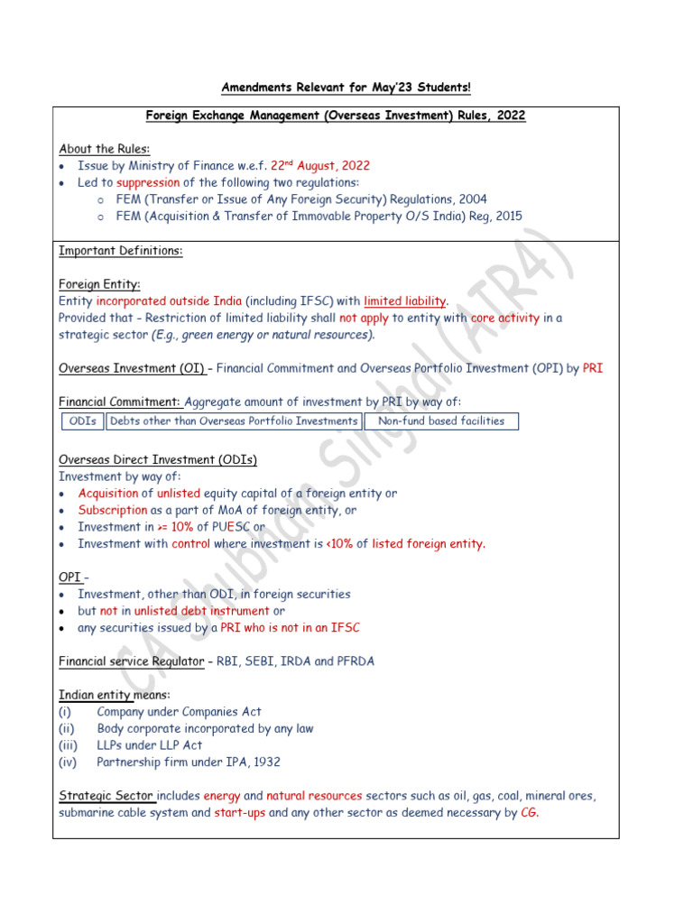 CA Final FEMA Amendment Vfinal May'23 Onwards | PDF | Reserve Bank Of ...