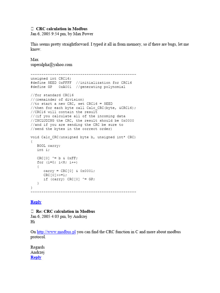 CRC Calculation in Modbus | PDF