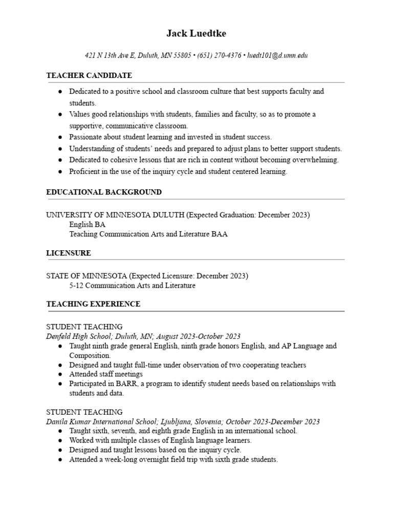 Luedtke Jack Resume | PDF | Teachers | Education Theory