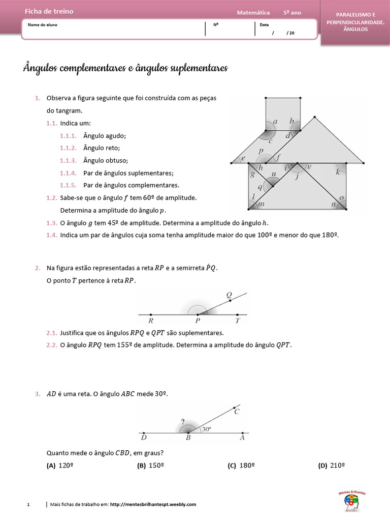 Ângulos Complementares e Suplementares | PDF | Ângulo | Espaço