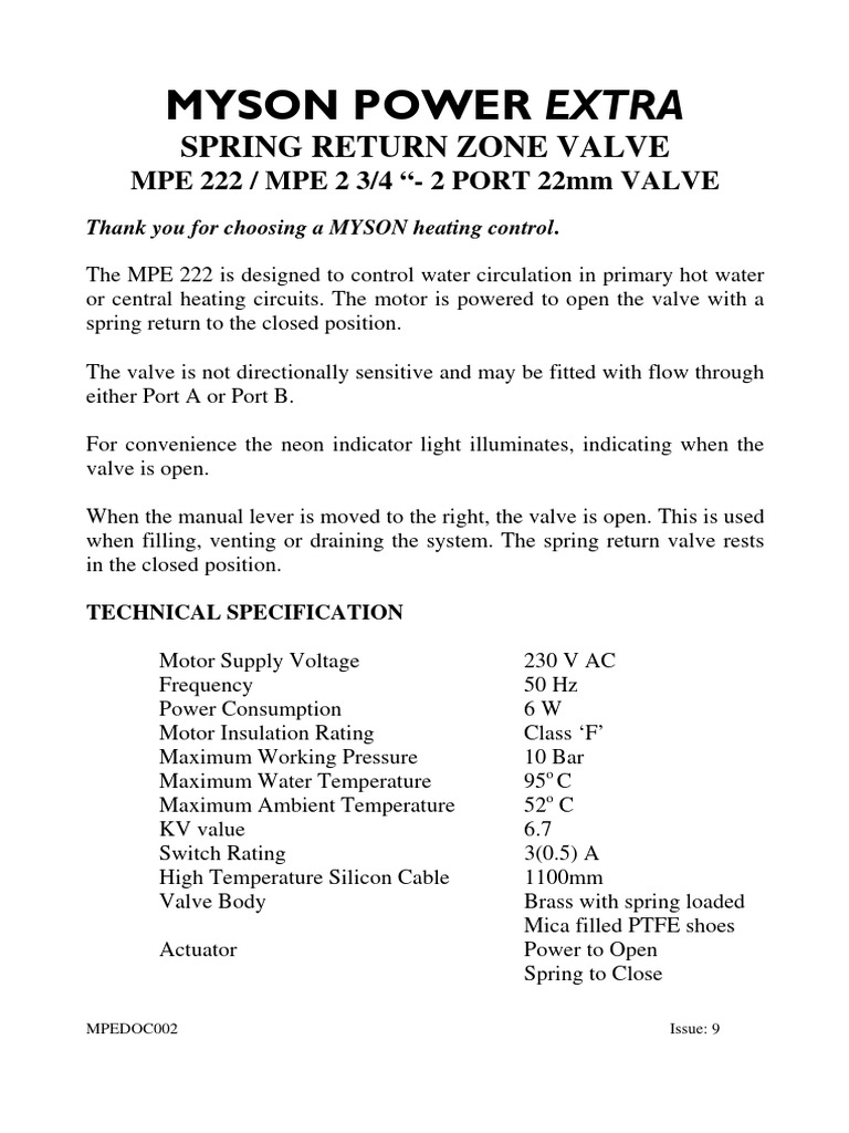 Myson MPE 222 Valve Installation Guide | PDF | Valve | Electrical Wiring