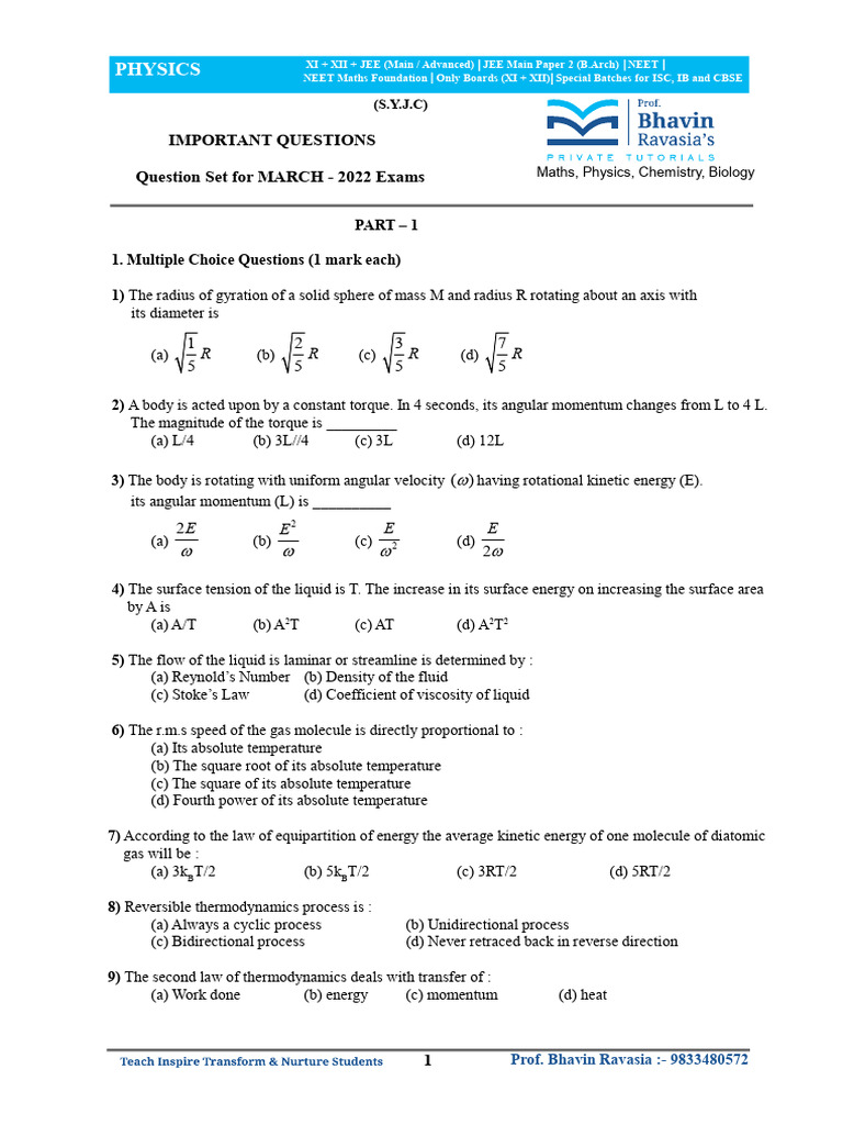 12 TH STD Physics Important Questions S.Y.J.C. March 2022 | PDF | Inductance | Magnetic Field