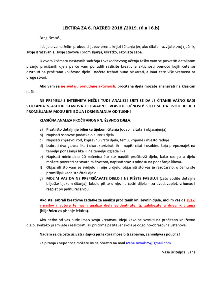 Lektira Za 6. Razred 2018. 2019. | PDF