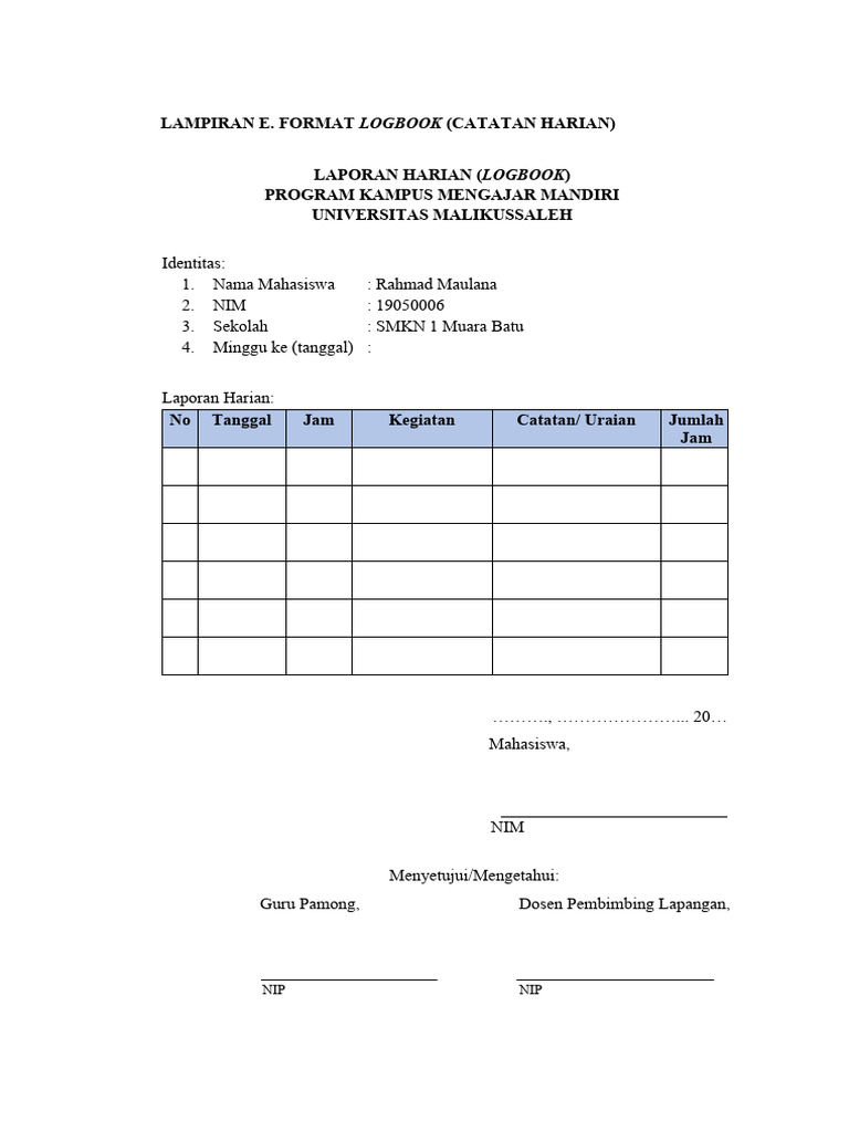Lampiran E. Format Logbook (Catatan Harian) Laporan Harian (Logbook ...