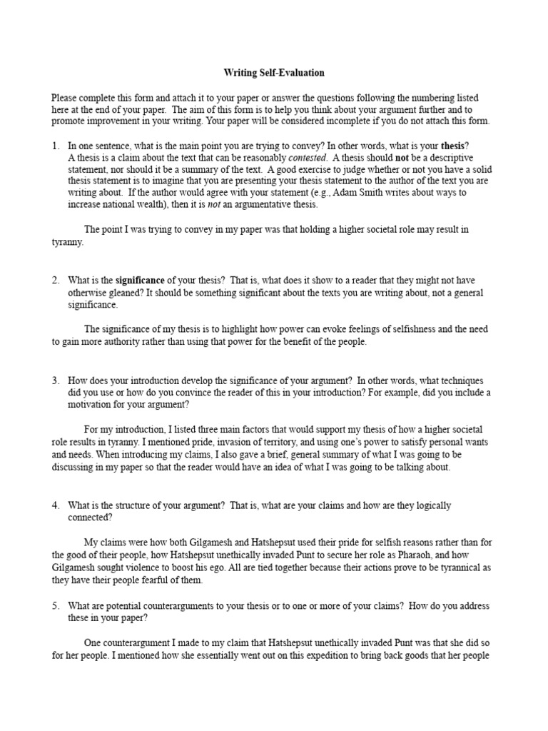 Writing Self-Evaluation 1 | PDF | Philosophy