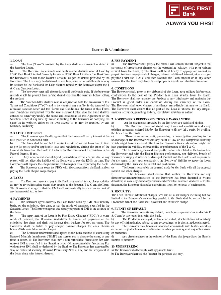 Terms & Conditions: 1. Loan 5. Pre-Payment | PDF | Loans | Banks