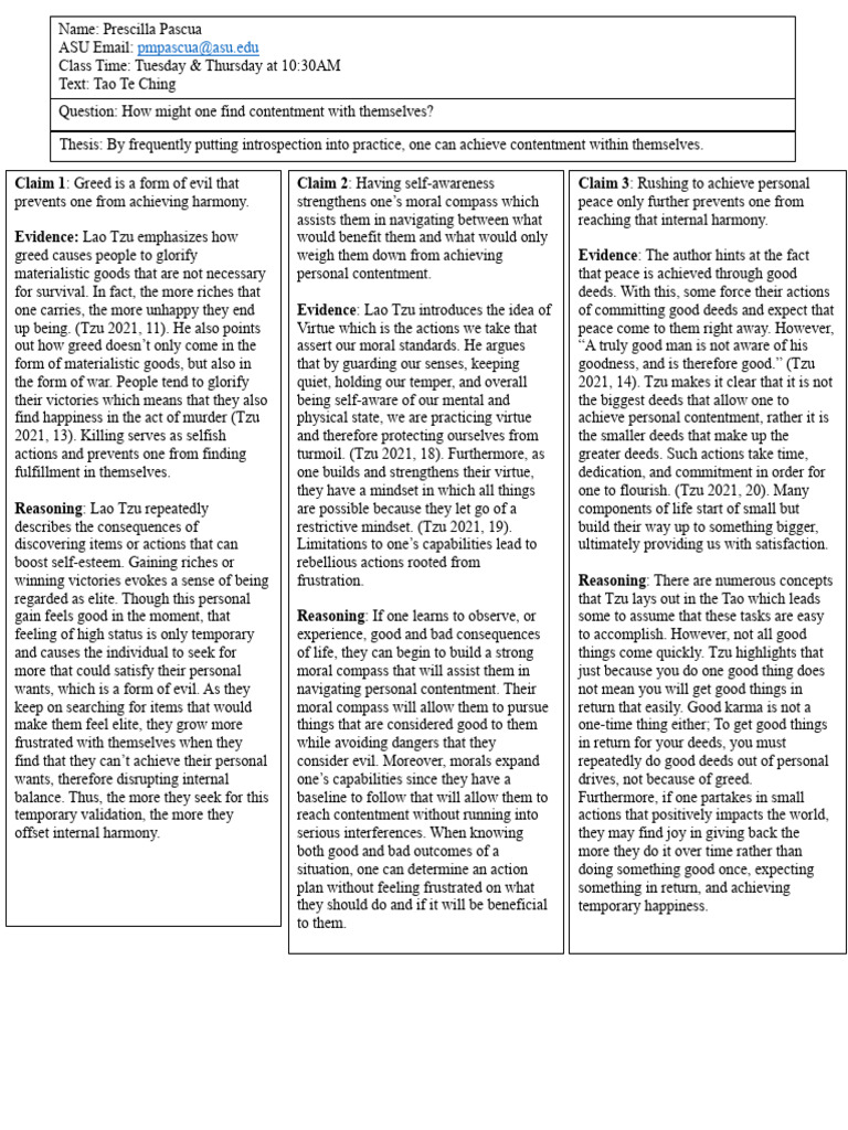 Tao Te Ching Argument Map | PDF | Contentment | Good And Evil