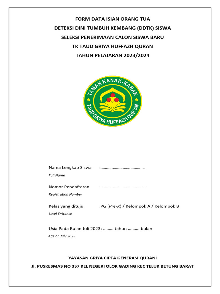 2023-2024 - Form DDTK TK | PDF | Pengembangan Diri