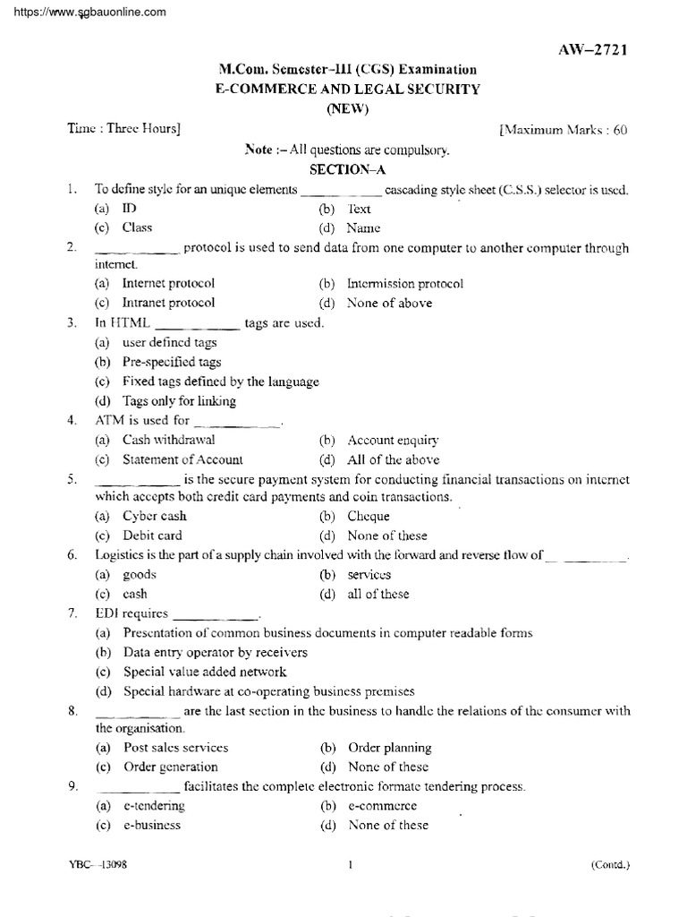 Mcom 3 Sem Ecommerce N Legal Security New S 2019 | PDF | Cash | Payment System