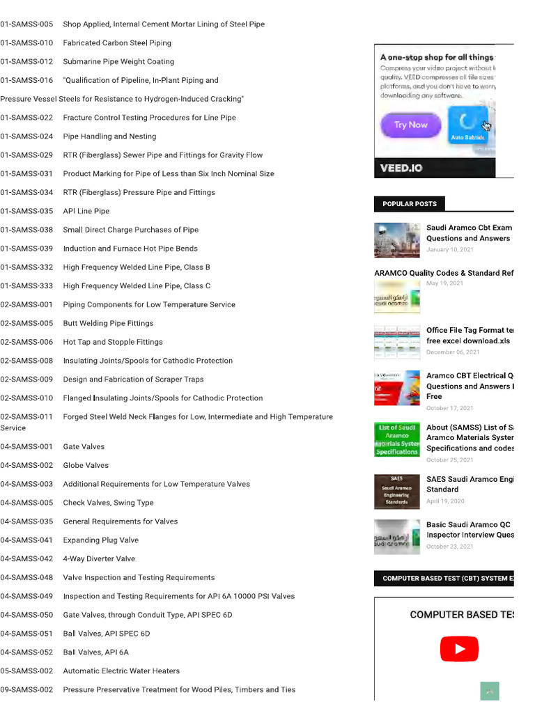 (SAMSS) List of Saudi Aramco Materials System Specifications and Codes | PDF