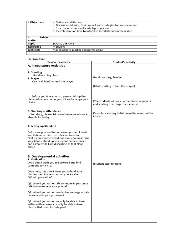 Lesson Plan 123 - Copy - Doc 123 | PDF | Social Skills | Emotional ...
