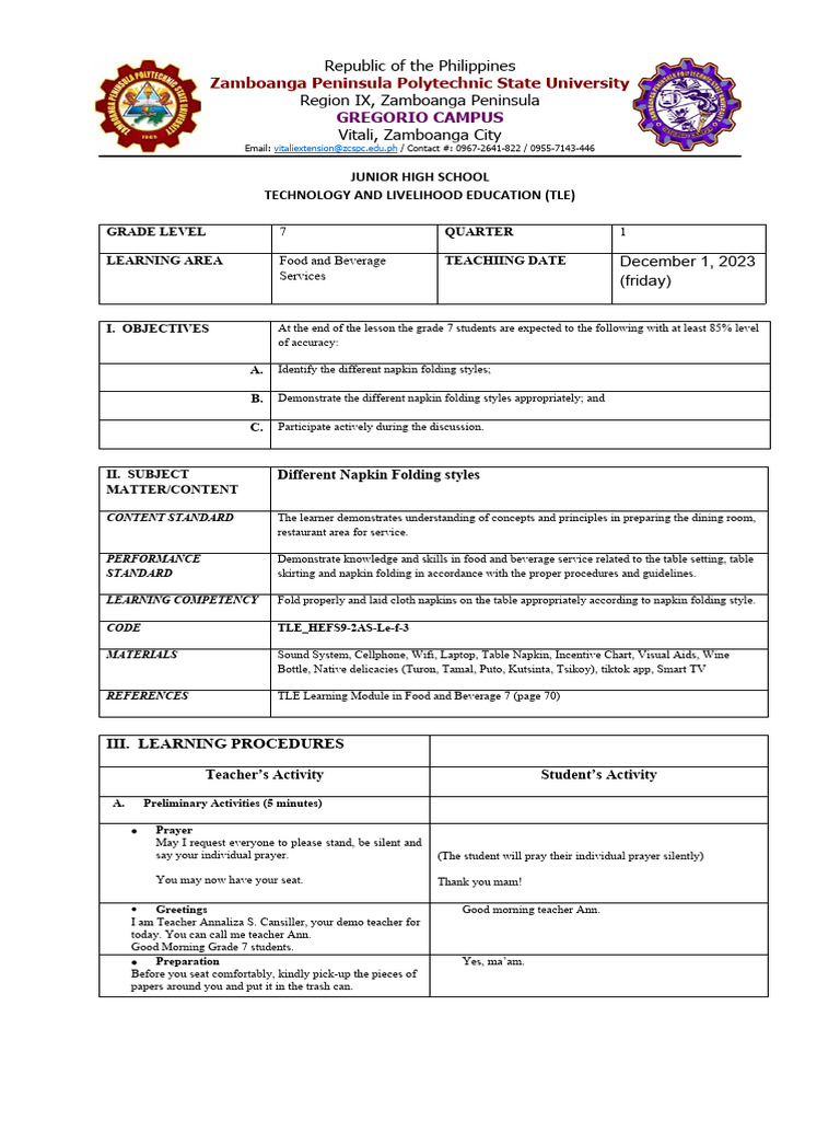 TLE Lesson Plan For DEMO by Dr. Kier | PDF | Restaurants | Learning