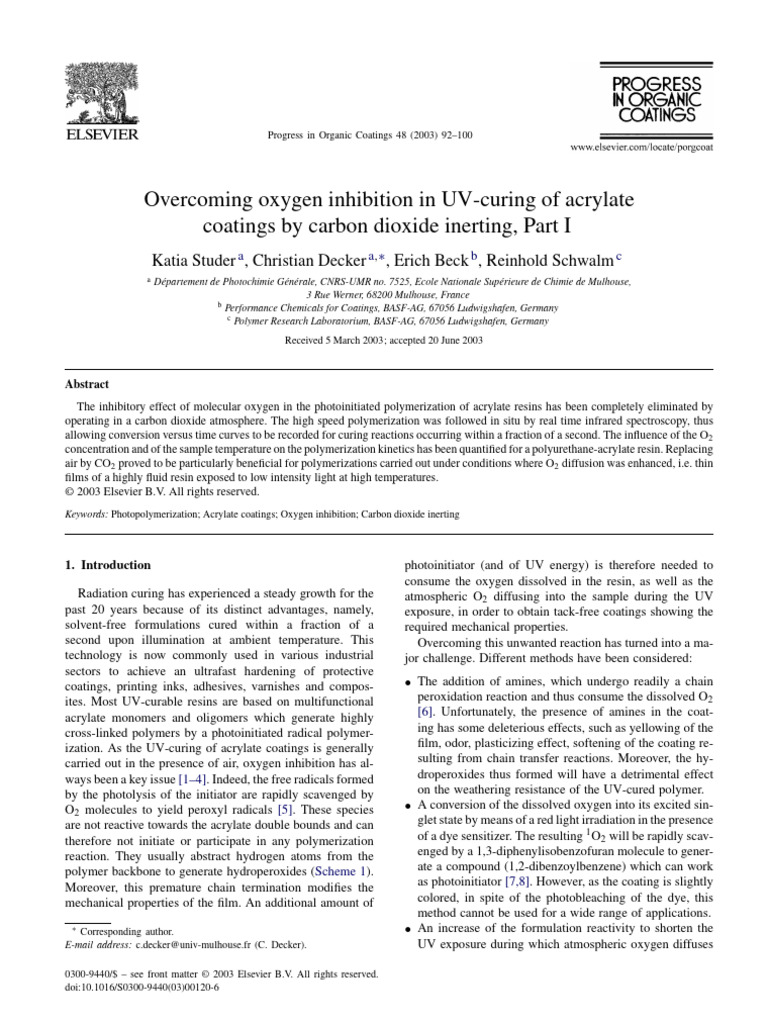 Overcoming O2 Inhibition in UV Curing Studer2003 | PDF | Ultraviolet | Carbon Dioxide